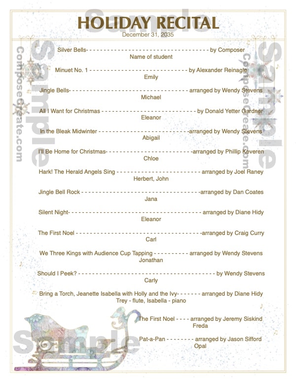 Golden Winter Recital Program - Text is editable!